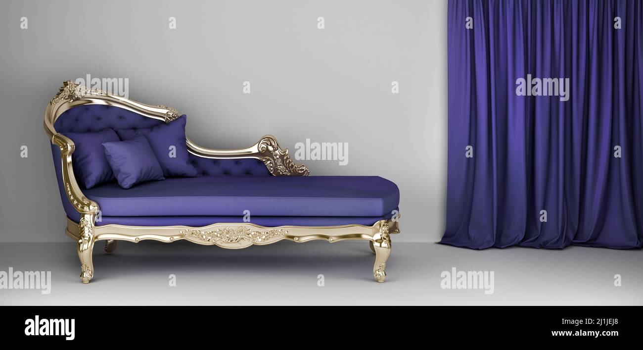 violet couch and curtains with white copy space. 3d rendering Stock ...