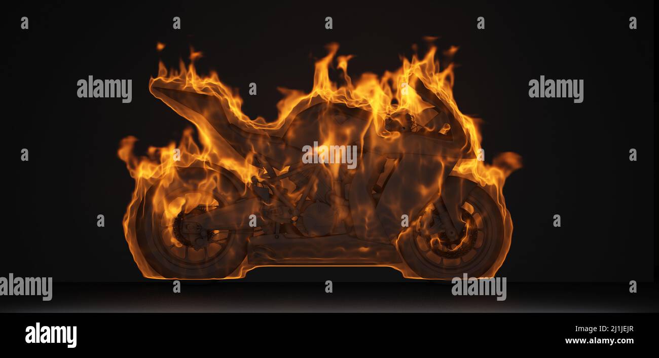 burning black motorcycle in dark side view. 3d rendering Stock Photo ...