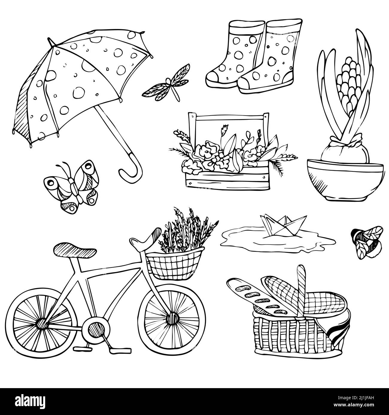 Spring doodles set drawn by hand. Vector spring concept - bicycle and ...