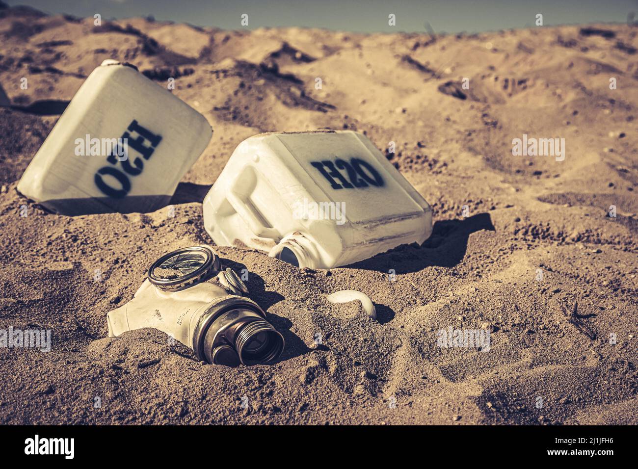 Contaminated water cans in polluted and danger area. Empty plastic ...