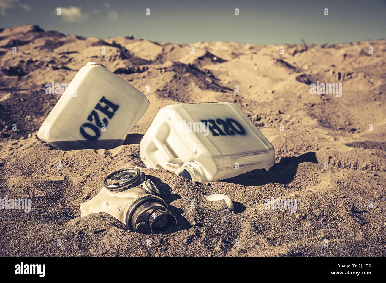 Plastic water cans as problem with water shortage. Climate change on ...