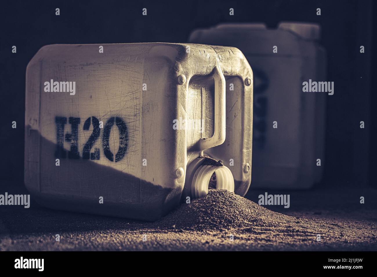Contaminated water cans filled with sand and pollution. Climate change ...