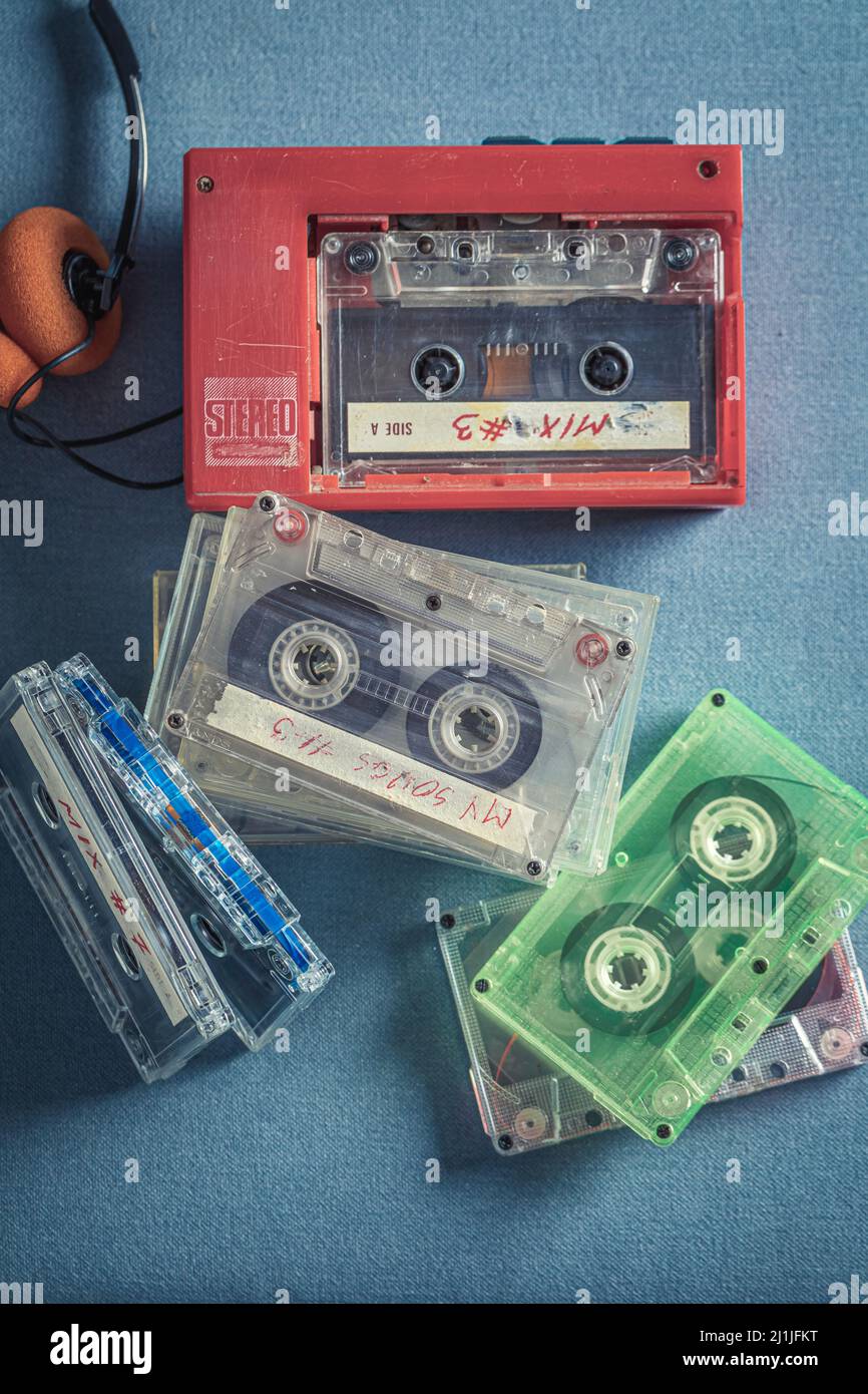 Transparent audio cassette as a symbol of 90's music. Cassette audio ...