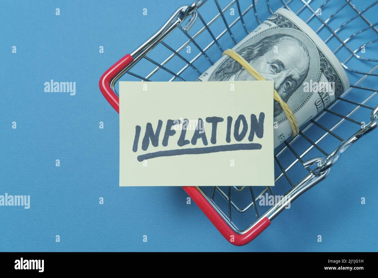 Dollars are in a grocery basket, with a poster on which the inscription ...