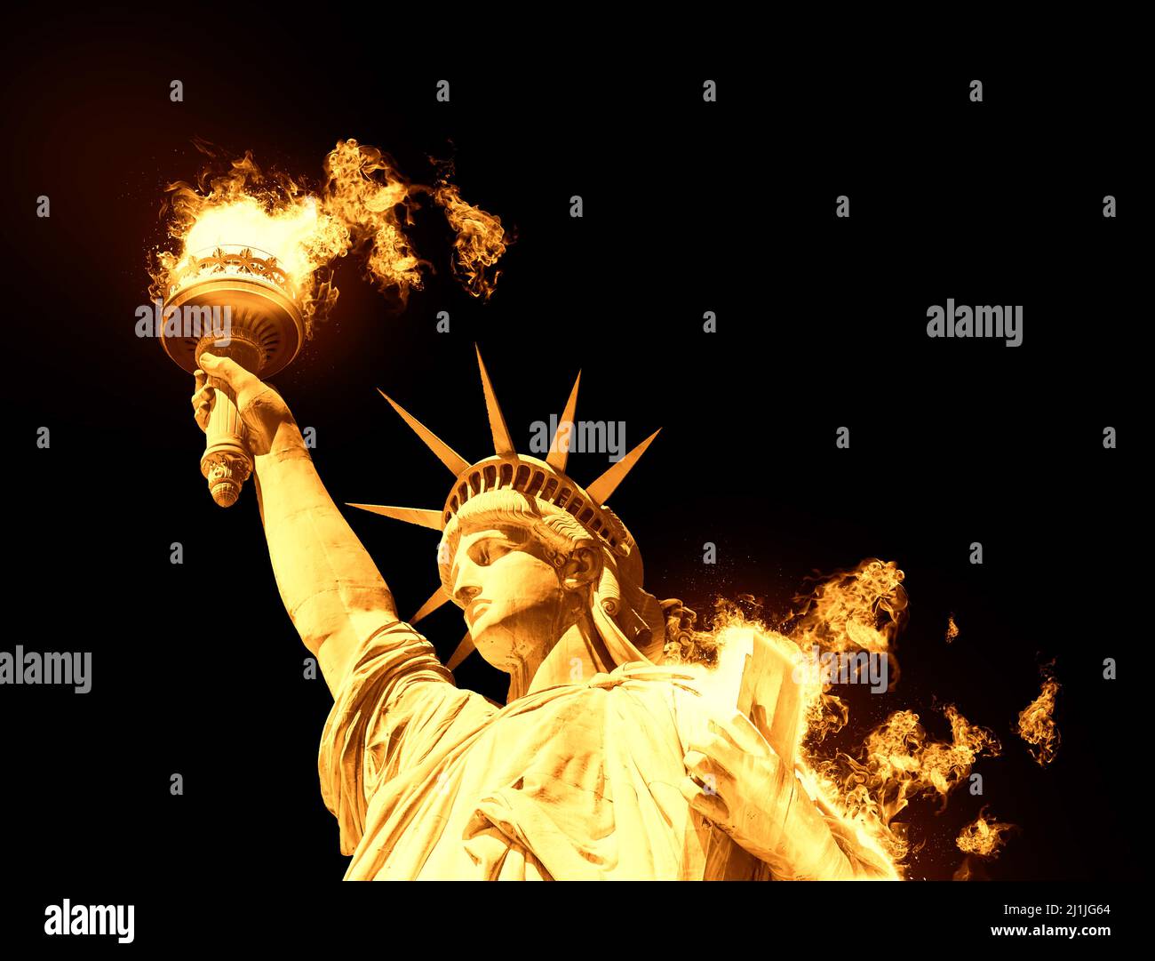 Statue of Liberty with burning fire isolated on black background Stock ...