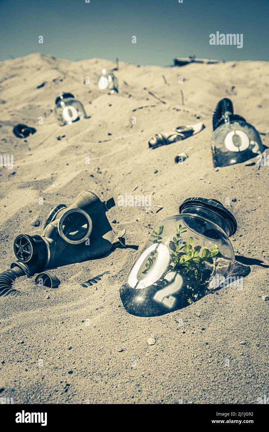 Weird oxygen mask as vision of toxic earth. Climate change on earth and ...