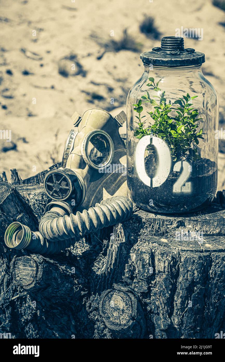 Bizarre oxygen mask as smog problem on earth. As a symbol of the lack ...