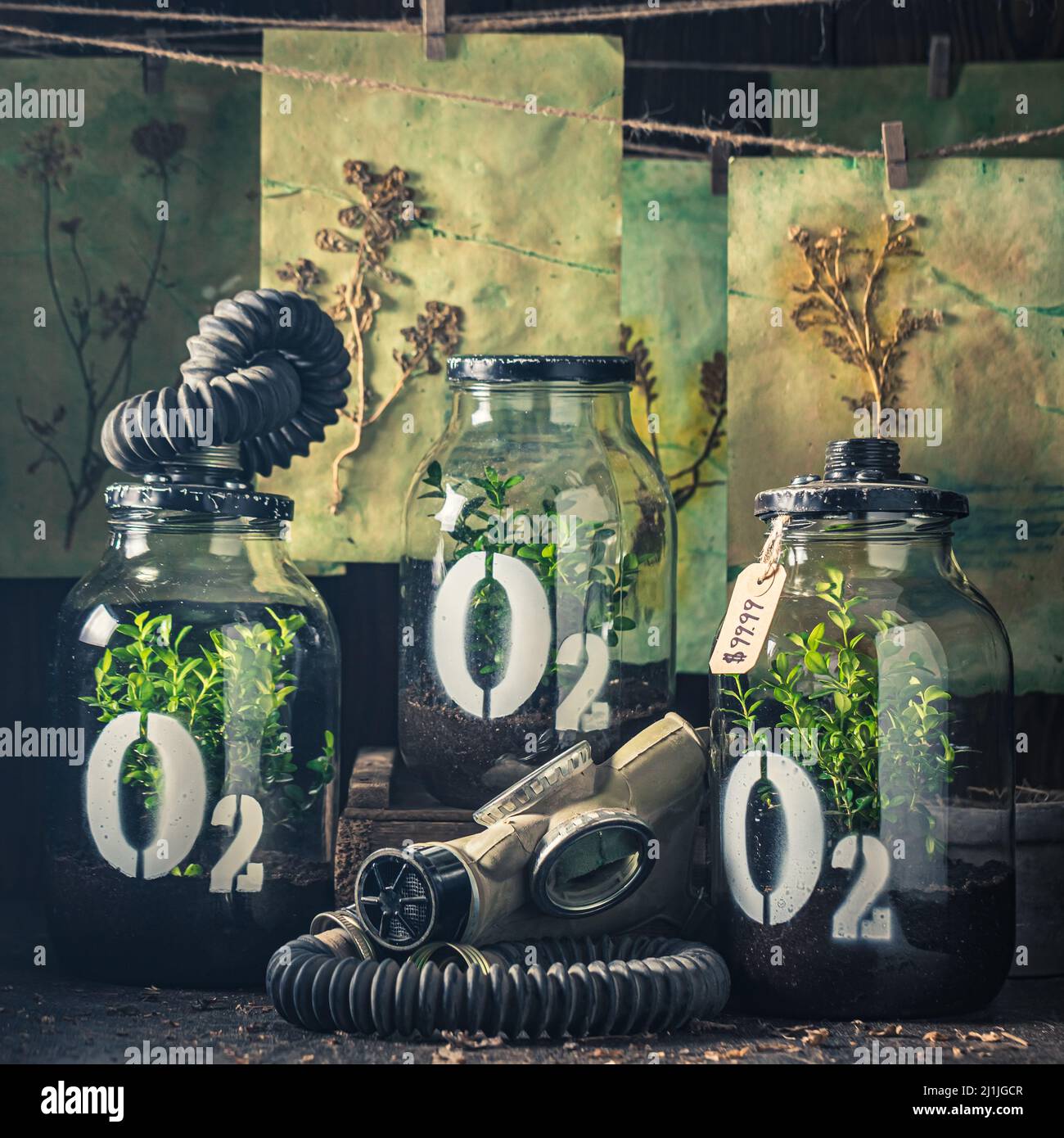 Weird oxygen mask as smog problem on earth. As a symbol of the lack of ...