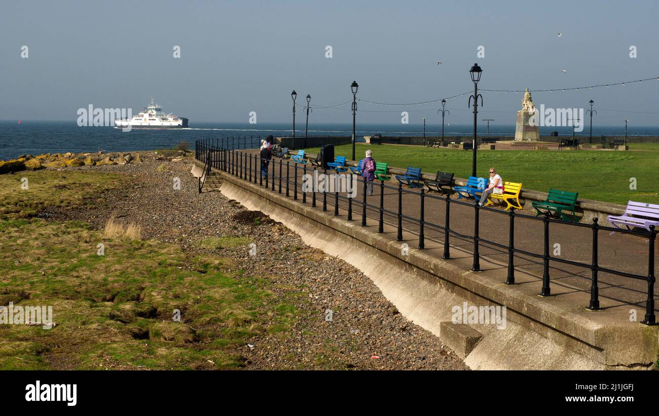 The Promenade at Largs in Ayrshire, Scotland, with the Cumbrae Ferry in ...