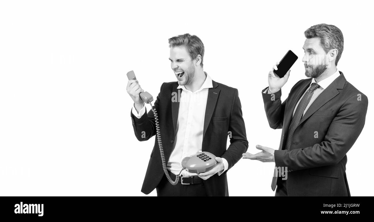 Lawyer with cellphone look at angry broker shouting in telephone ...