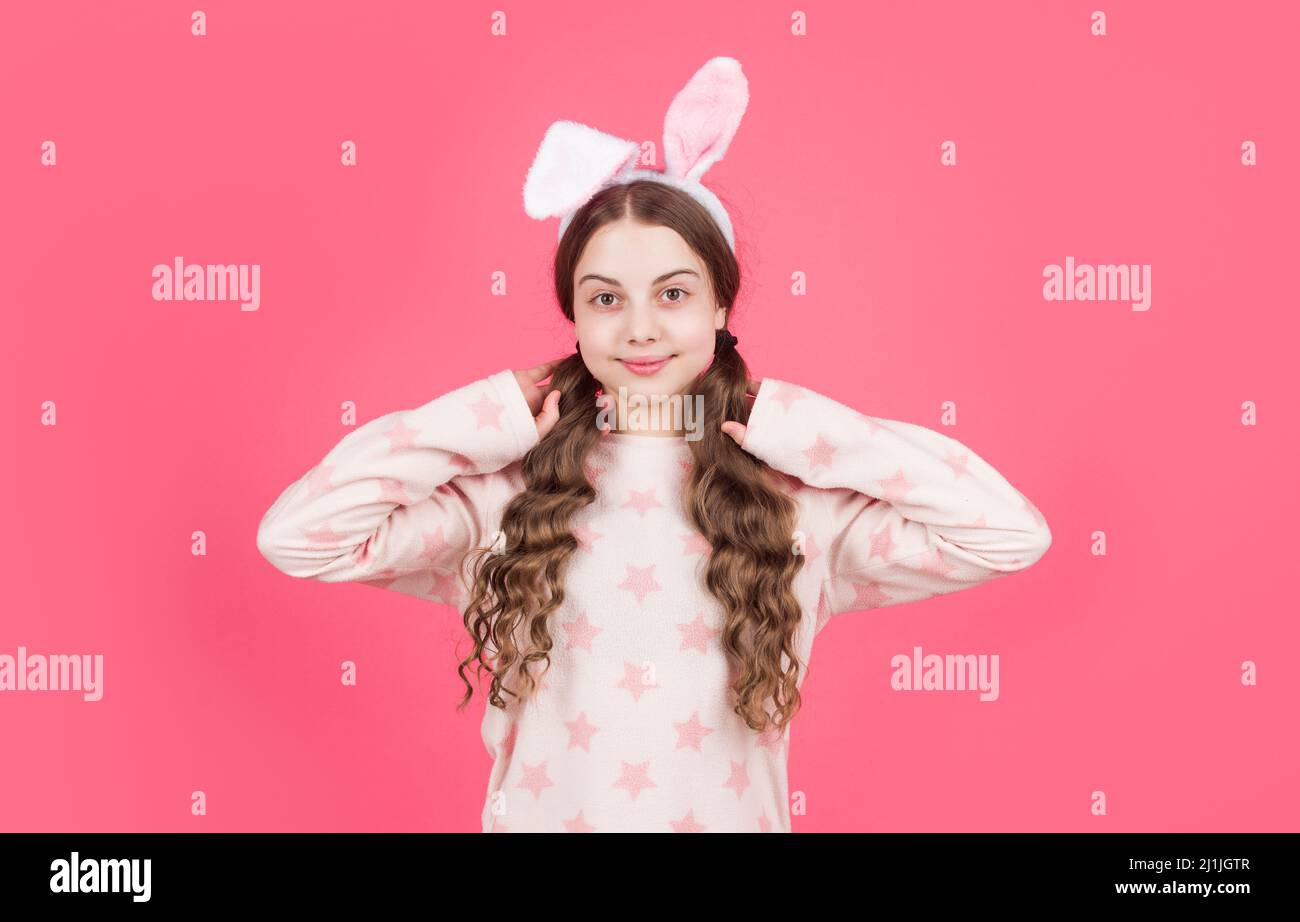 happy easter teen girl in bunny rabbit ears and pajamas, easter Stock ...