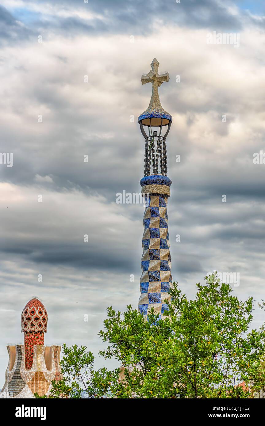 Modernist architecture at the entrance pavillions of Park Guell ...