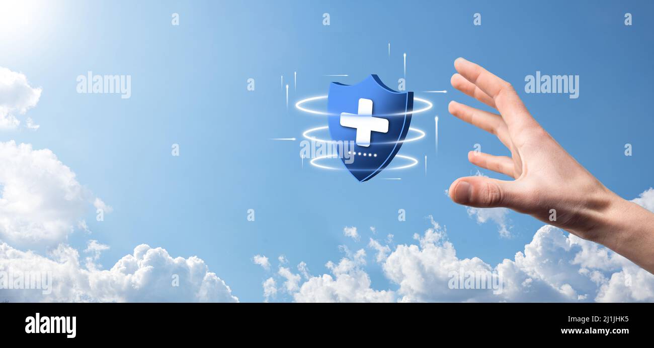 Businessman hold Shield with plus Low polygonal icon, medicine icon ...