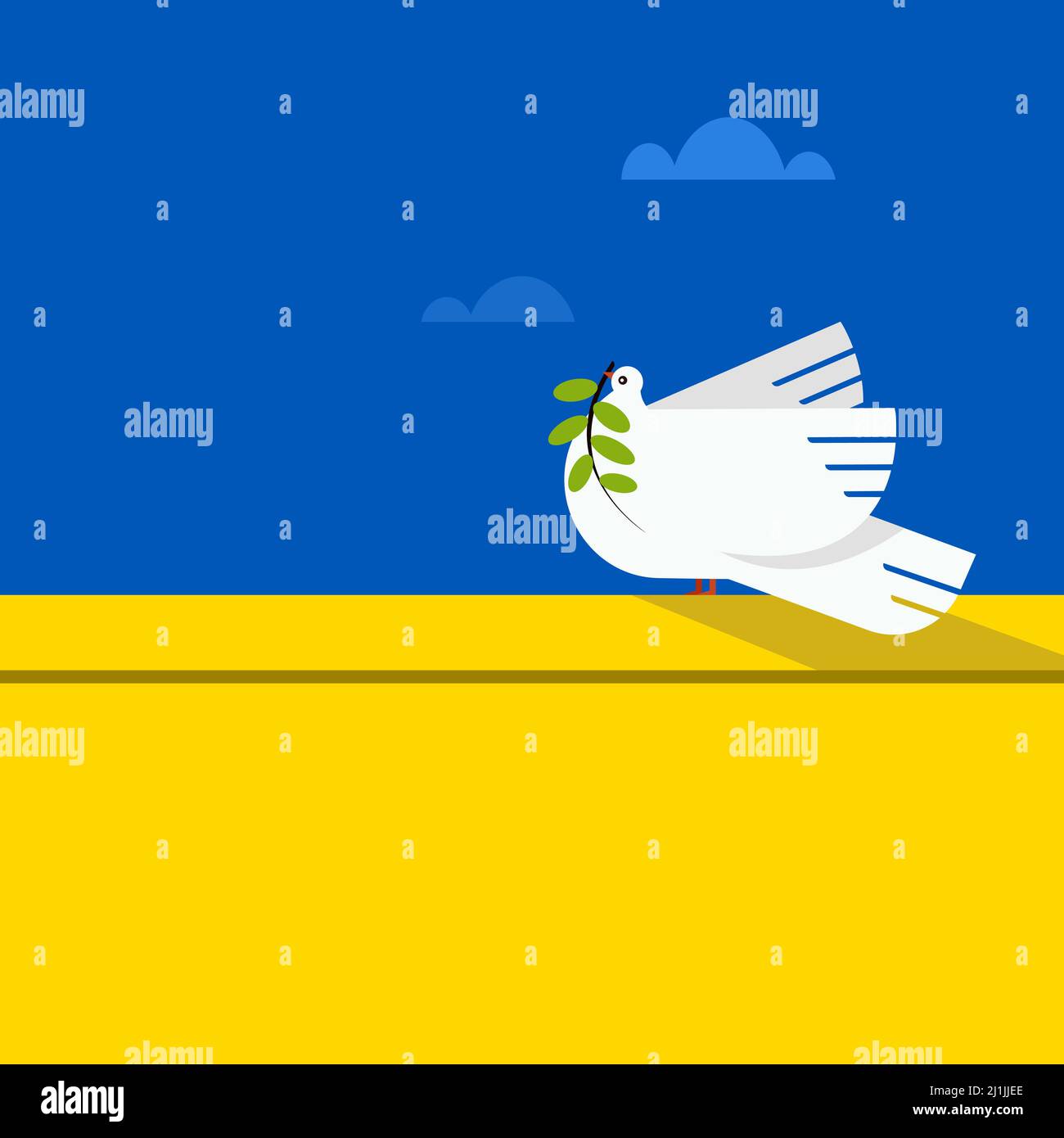 Illustration of a white dove sitting against Ukraine flag colours. Anti ...
