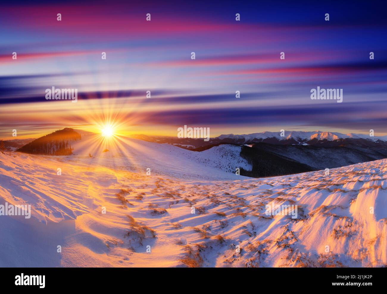 Majestic sunset in the winter mountains landscape. HDR image Stock ...