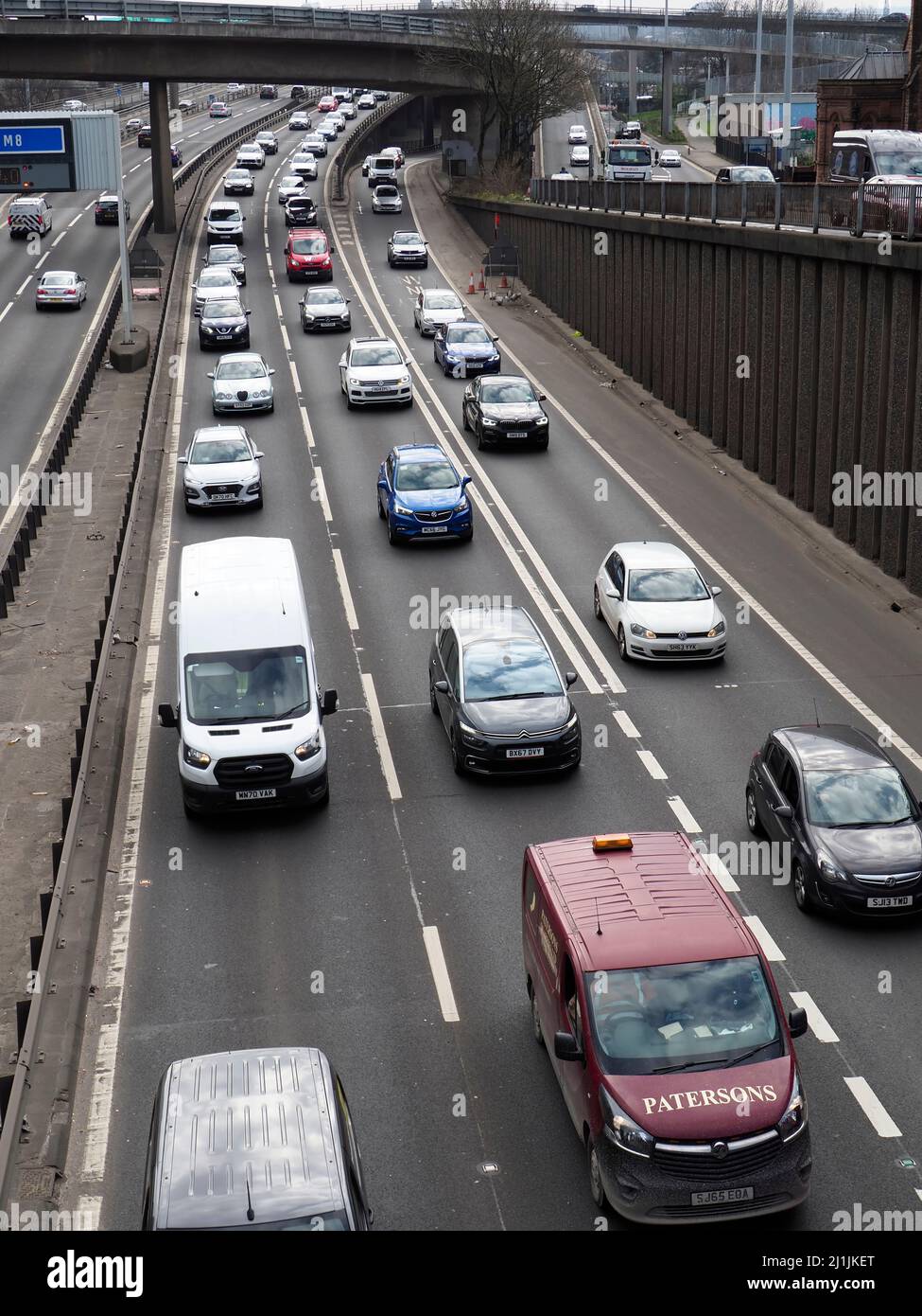 busy traffic on the urban section of the M8 motorway, Glasgow,Scotland ...