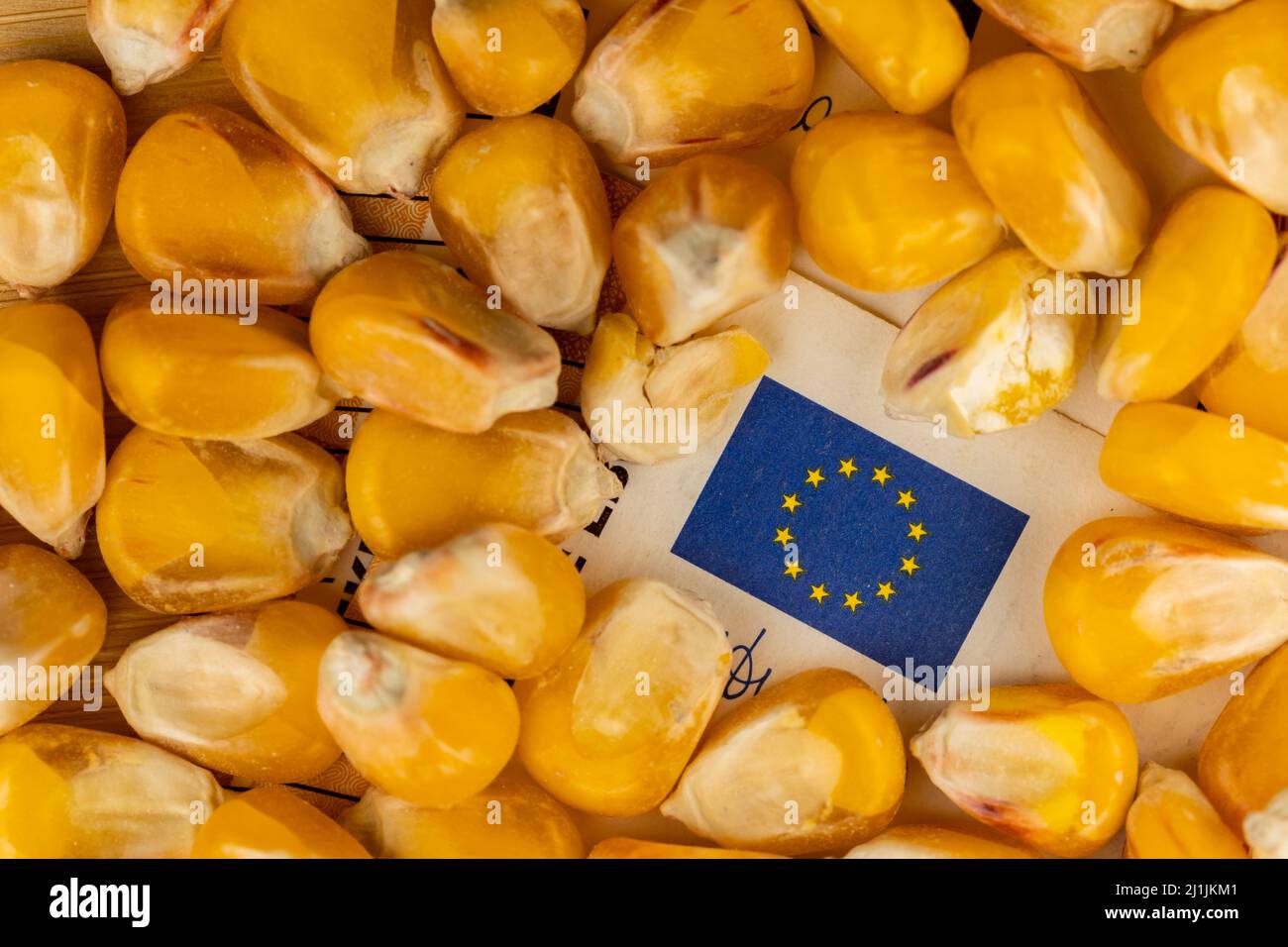European Union flag from 50Eur bill with lot of corn grain. Object lit ...