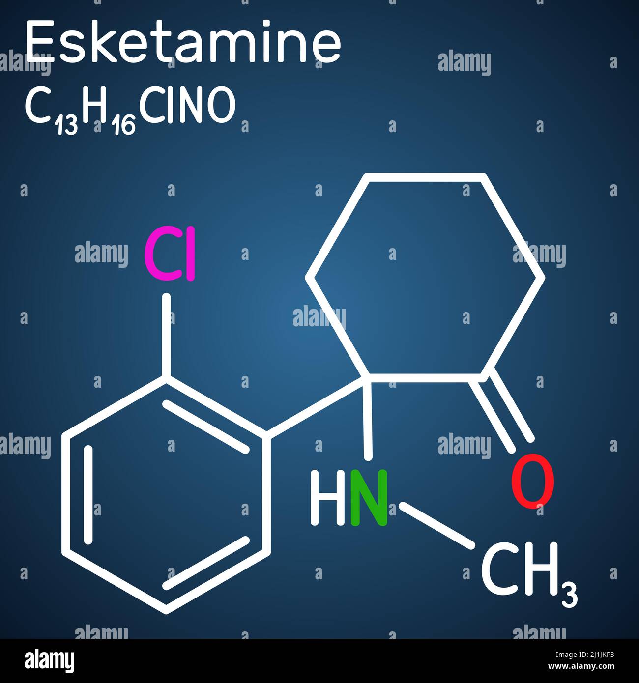 Esketamine molecule. It is the S-enantiomer of ketamine, with analgesic ...