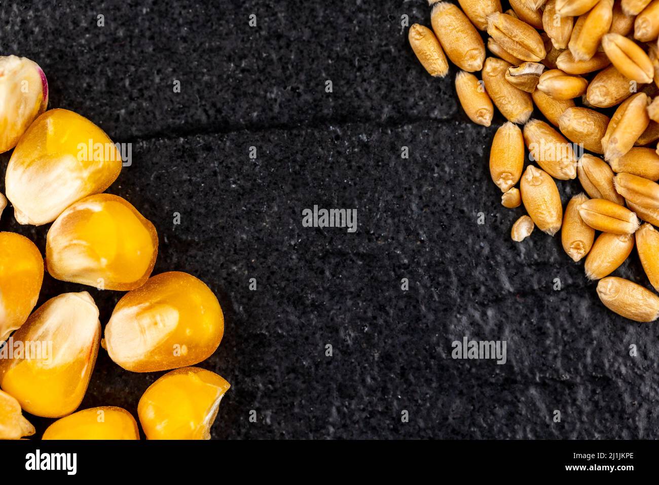 Top view of wheat and corn grain scattered on black, stone surface ...
