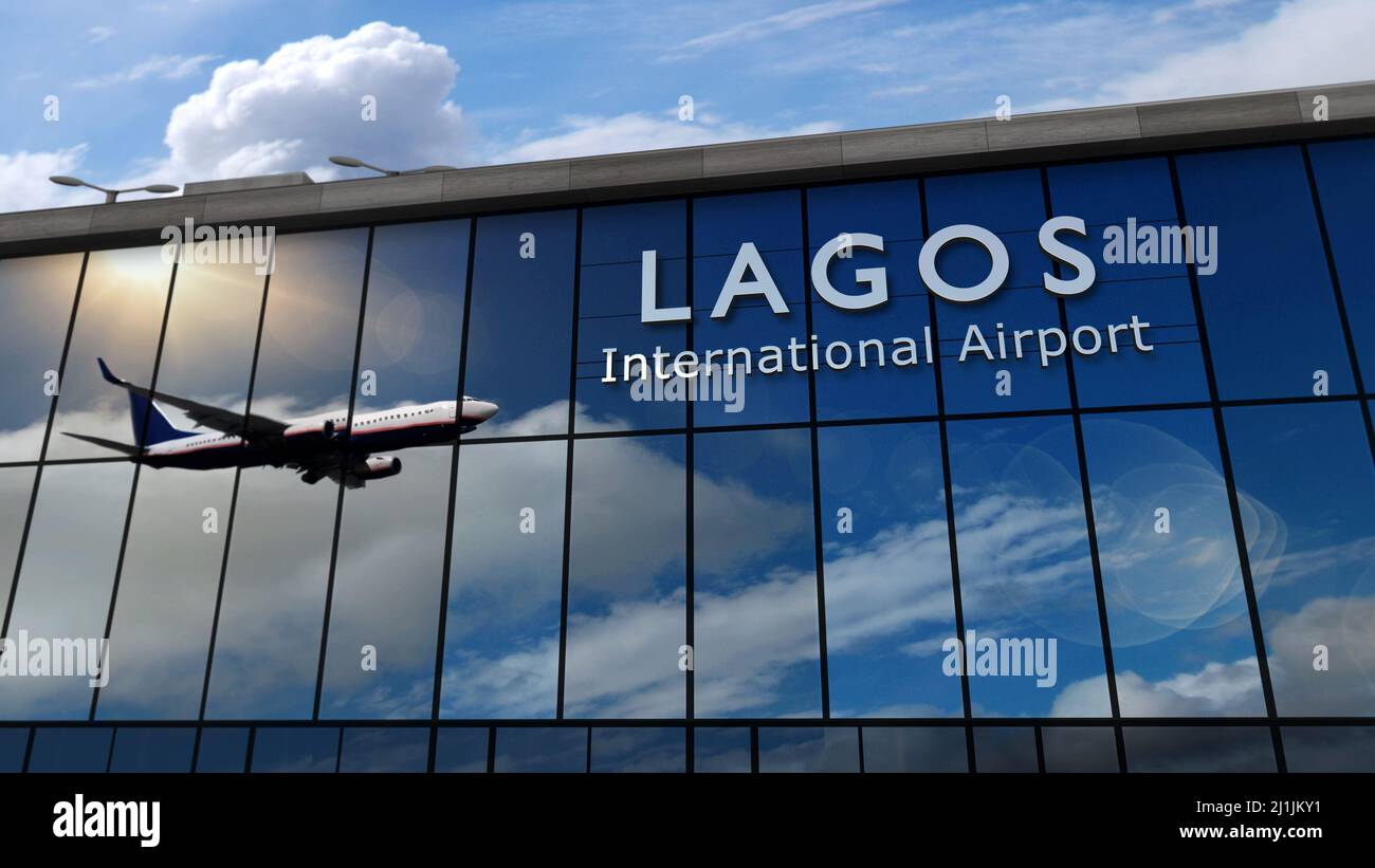 Aircraft landing at Lagos, Nigeria 3D rendering illustration. Arrival ...