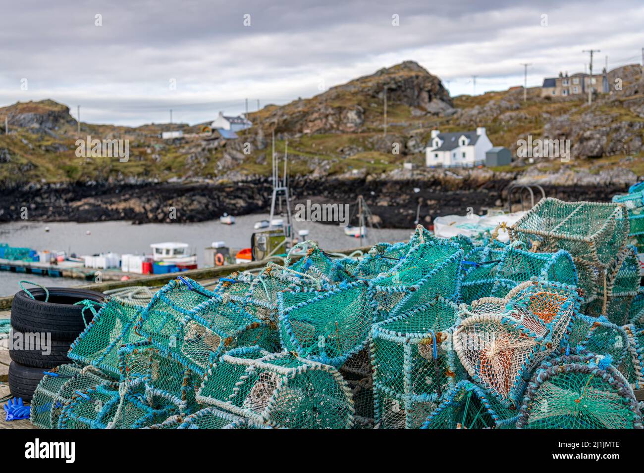 Lobster pots stored for the winter in Stockinish Harbour on the Isle of ...