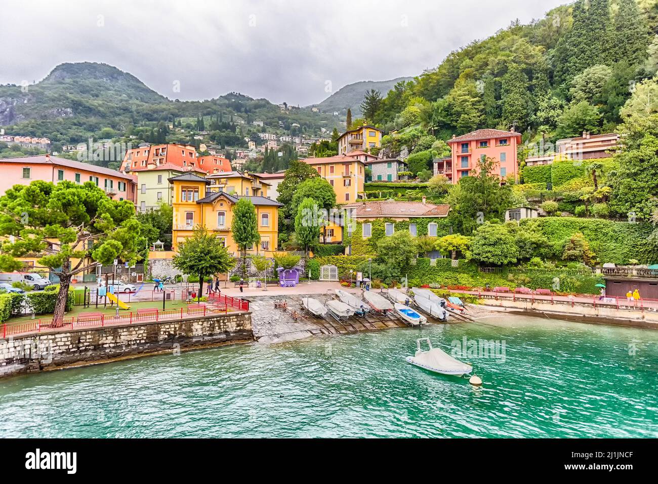 Scenic view of the picturesque village of Varenna on the eastern shore ...