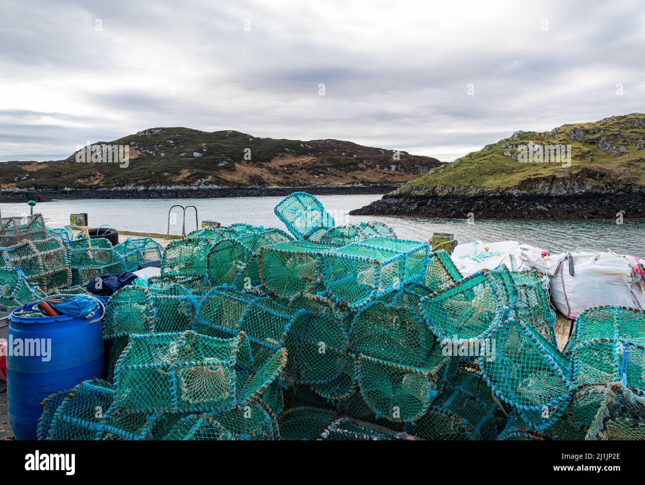 Lobster pots stored for the winter in Stockinish Harbour on the Isle of ...