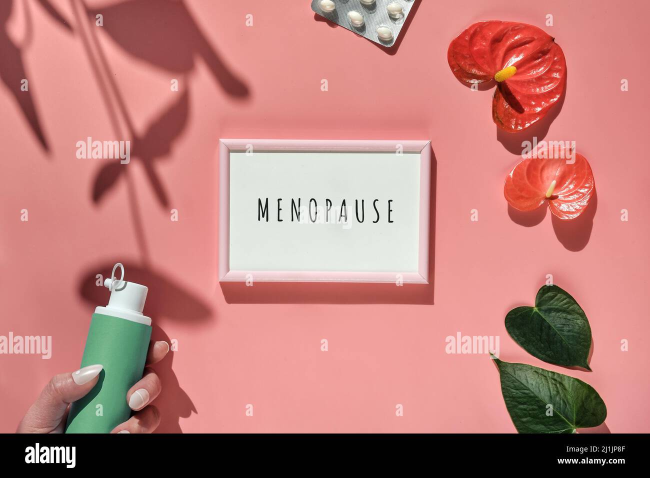 Menopause, text in pink frame. HRT Replacement hormone therapy concept ...