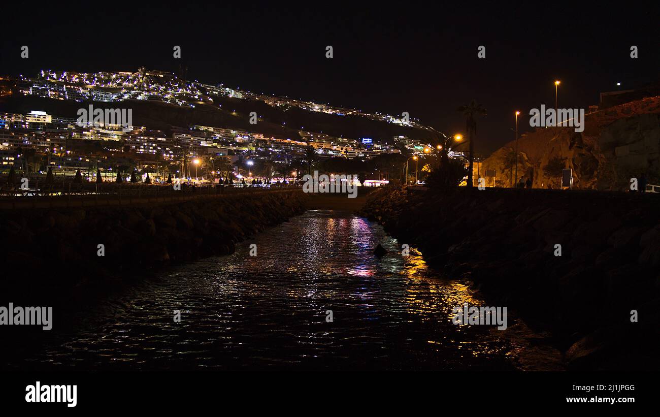 View of town Puerto Rico, Gran Canaria, Spain at night view illuminated ...