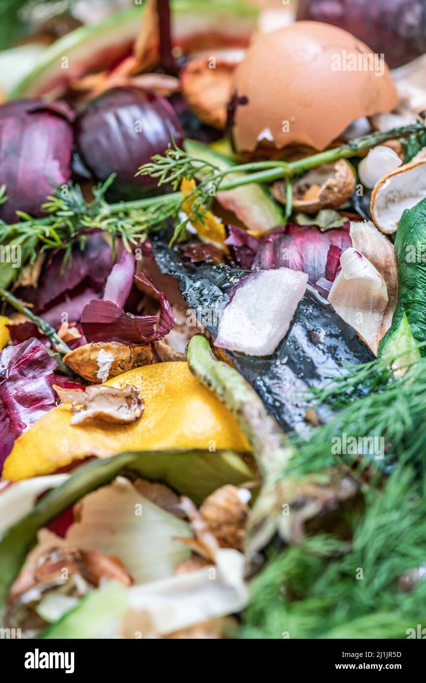 decomposed garbage, composting pile of rotting kitchen scraps, top view ...
