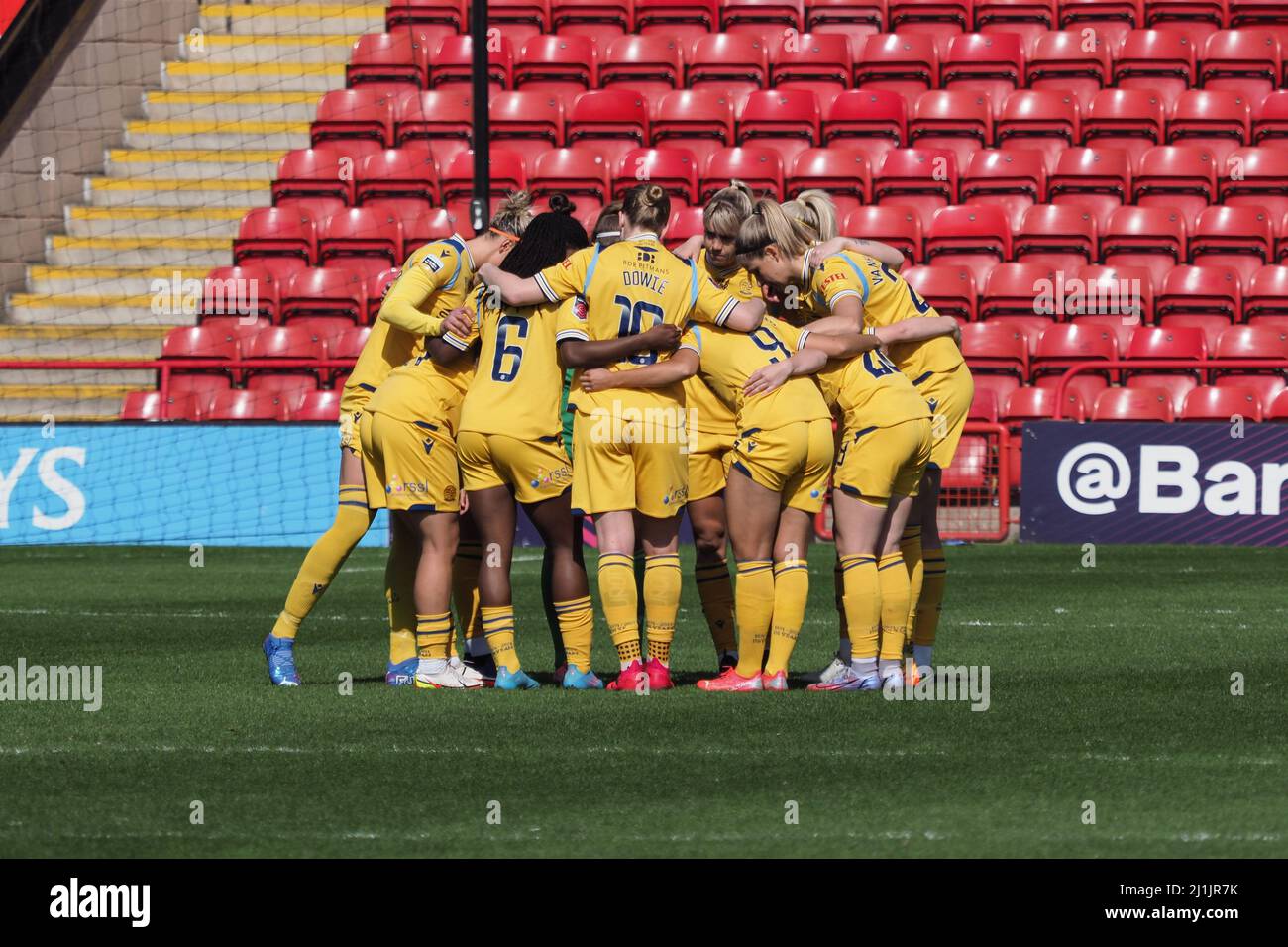 Walsall, UK. 26th Mar, 2022. Reading team huddle during the Barclays FA Womens Super League ...