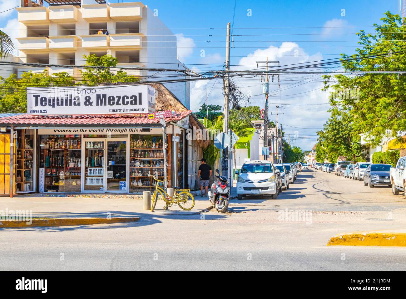 Tulum Mexico 02. February 2022 Driving thru typical colorful street ...