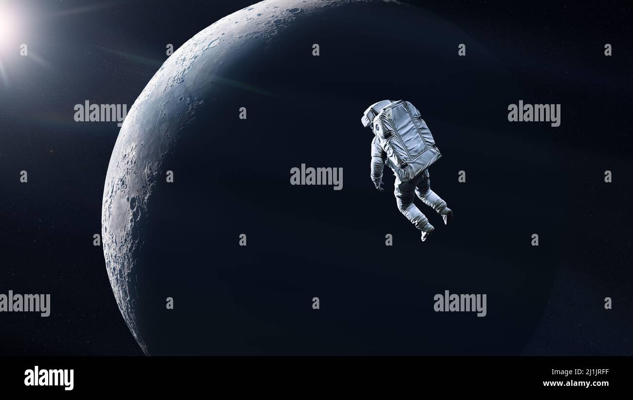 Spaceman is flying in outer space on Moon background. Elements of this ...