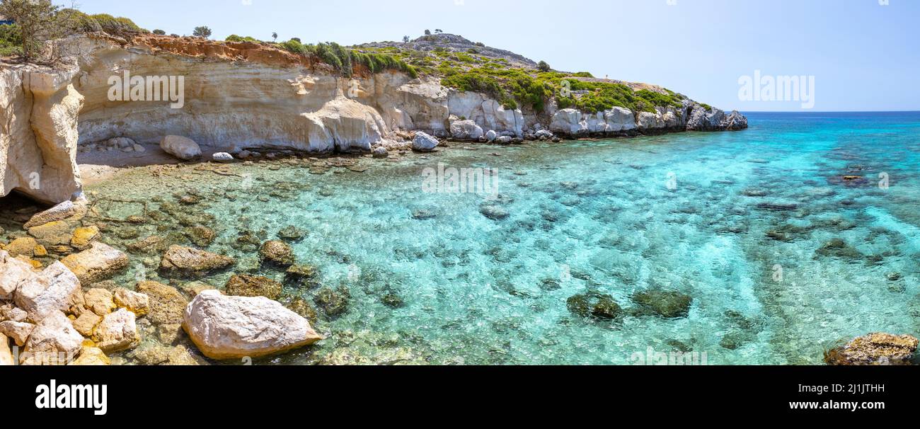 Crystal clear turquoise water in a Fokia closed bay. One of the famous ...