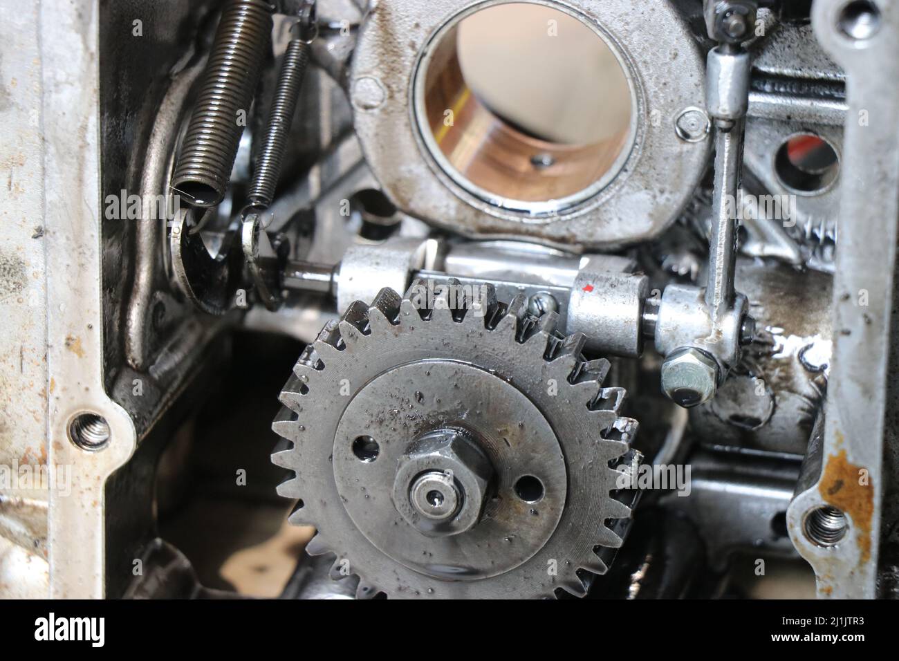 Inside view of a heavy-duty single-cylinder diesel engine with a focus ...