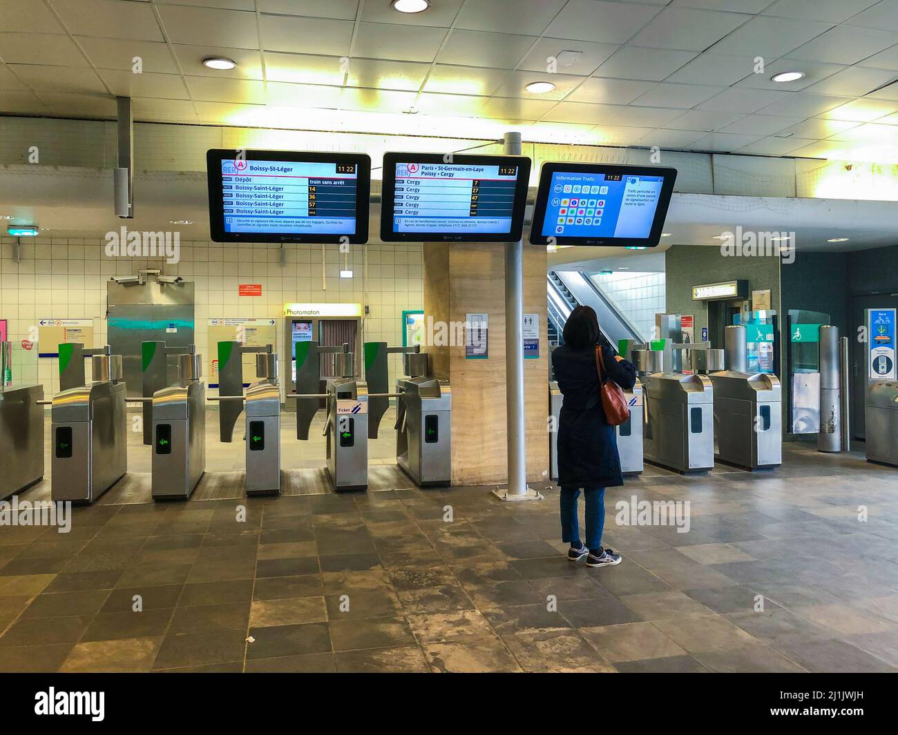 Saint-Maur-Creteil, France, Woman inside Paris Suburbs Metro RER SNCF ...