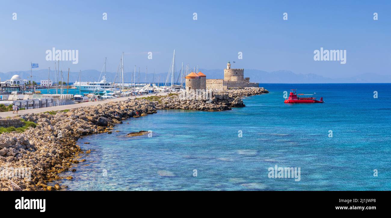 Panoramic view of Mandraki harbor and marina in the place of the ...