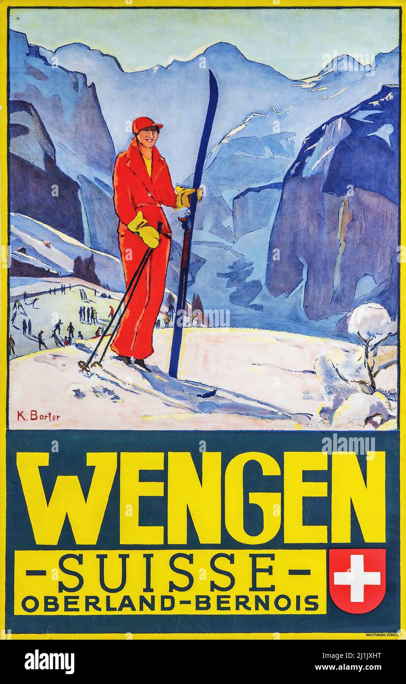 Vintage travel poster, Winter sport, ski - Château D'Oex, Schweiz ...