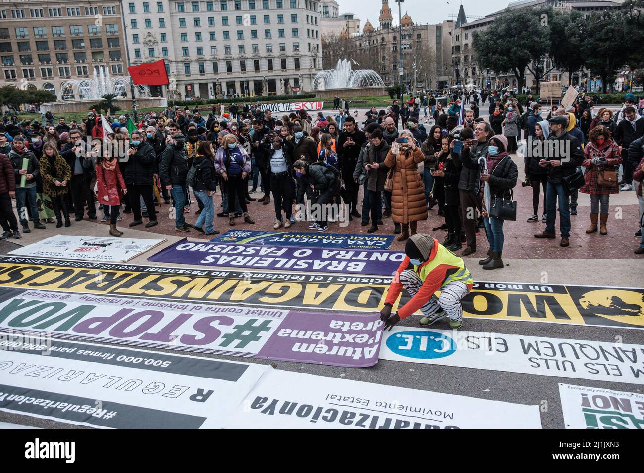 Signs and banners seen placed on the ground during the demonstration ...