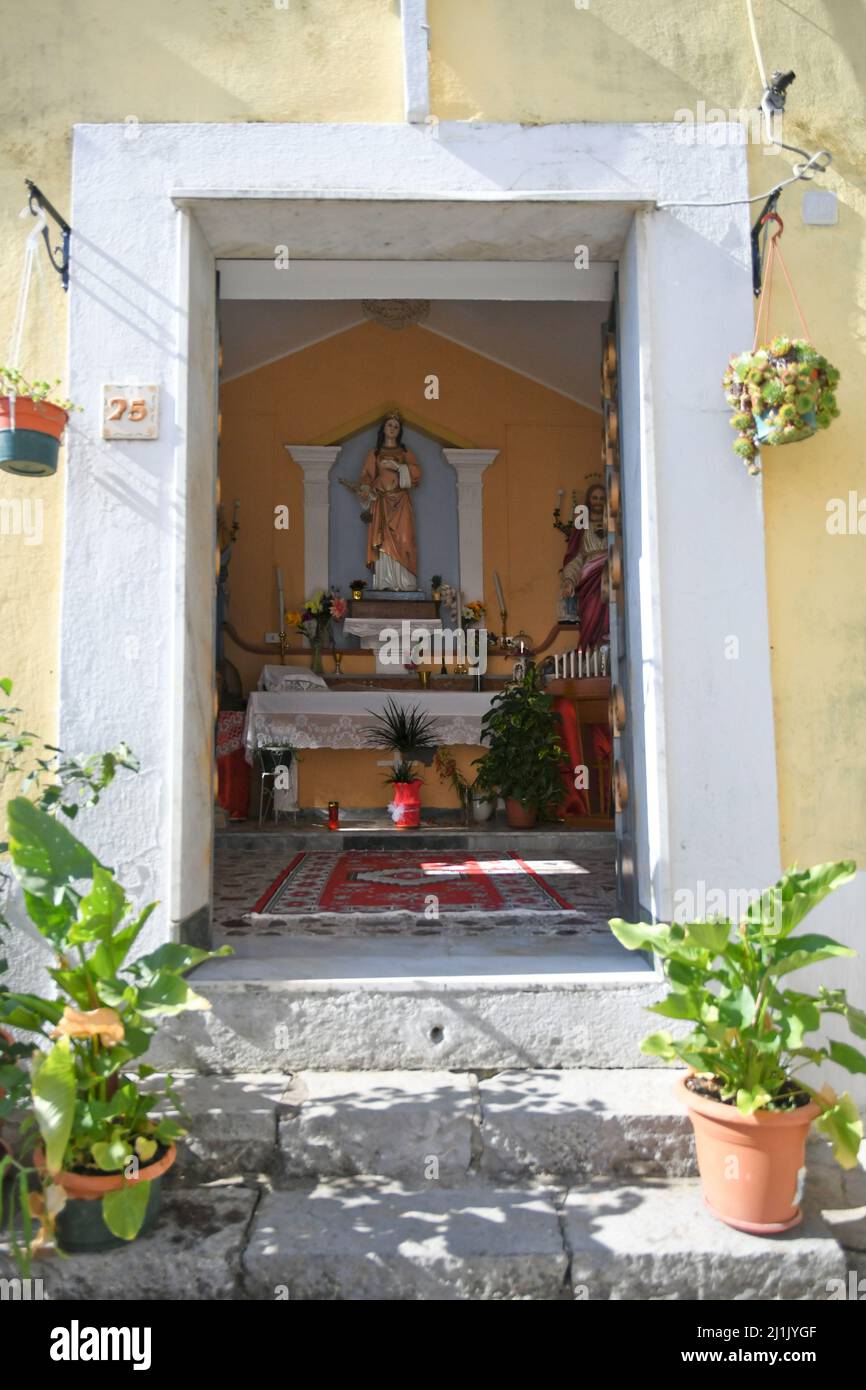 A view from the outside to the interior of the small church on a sunny ...