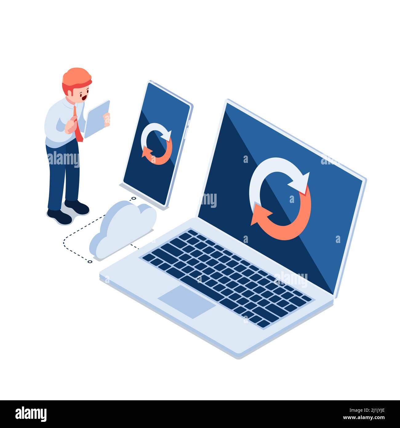 Flat 3d Isometric Businessman Synchronizing Laptop And Smartphone