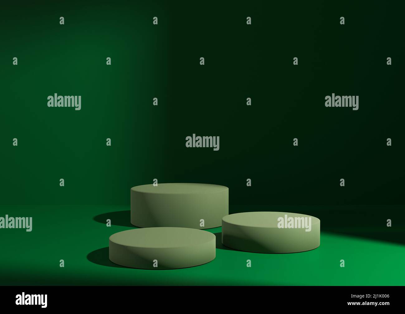 Three light green podiums or stands on bright green background for ...