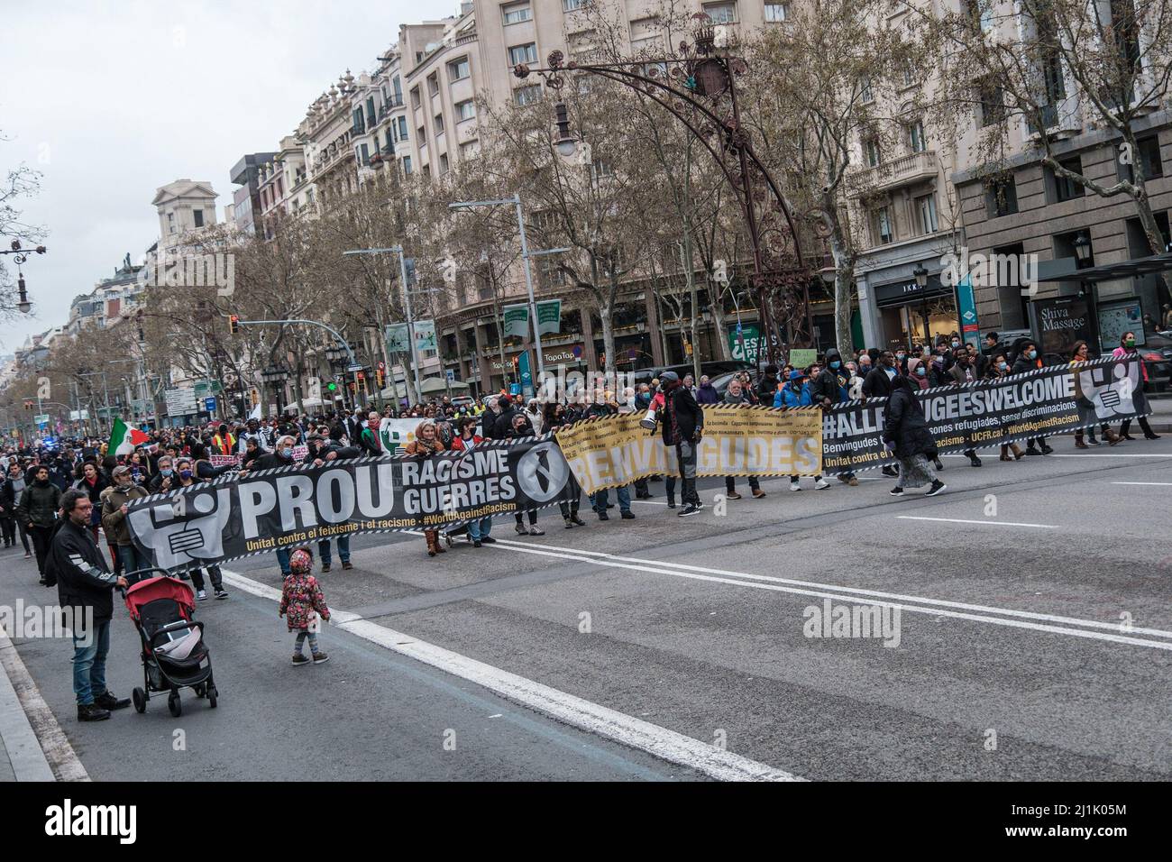 March 19, 2022, Barcelona, Spain: Protesters march through the Streets ...