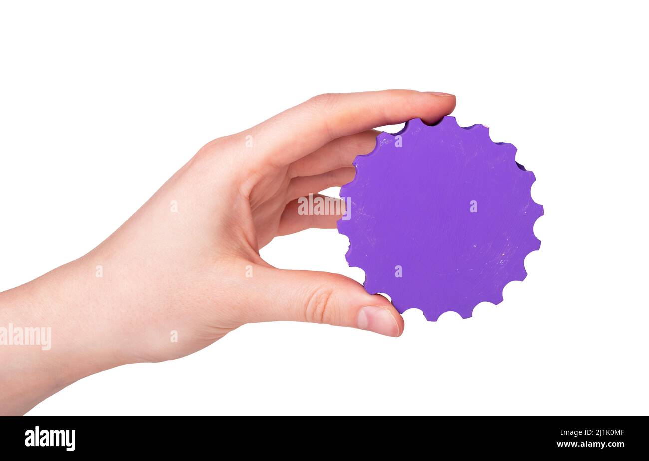 Gear in hand isolated on white background. Settings concept Stock Photo ...