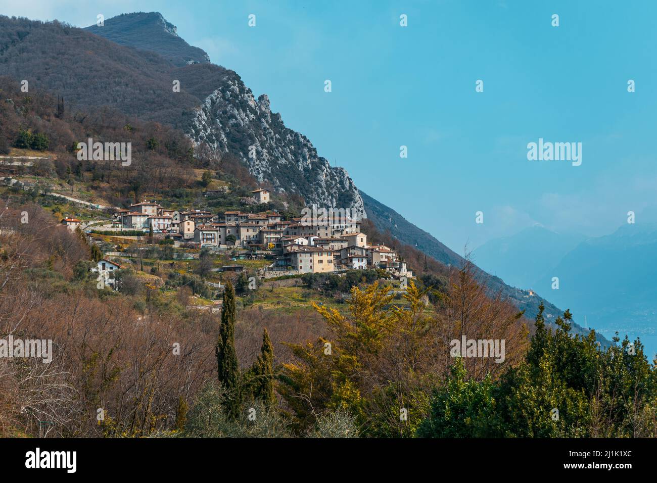 An aerial view of the Village of Sasso on a mountainside in Italy Stock ...
