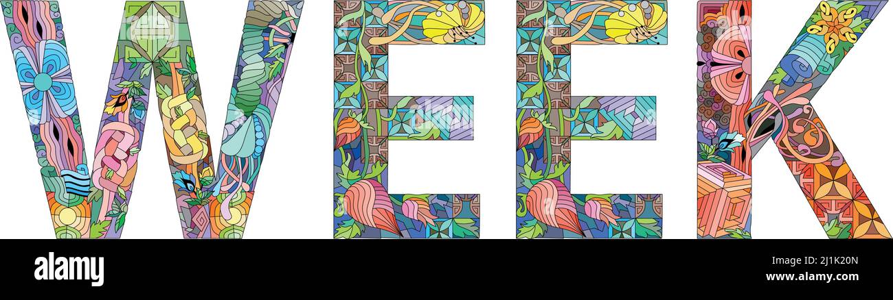 Hand-painted art design. Hand drawn illustration word WEEK for t-shirt ...