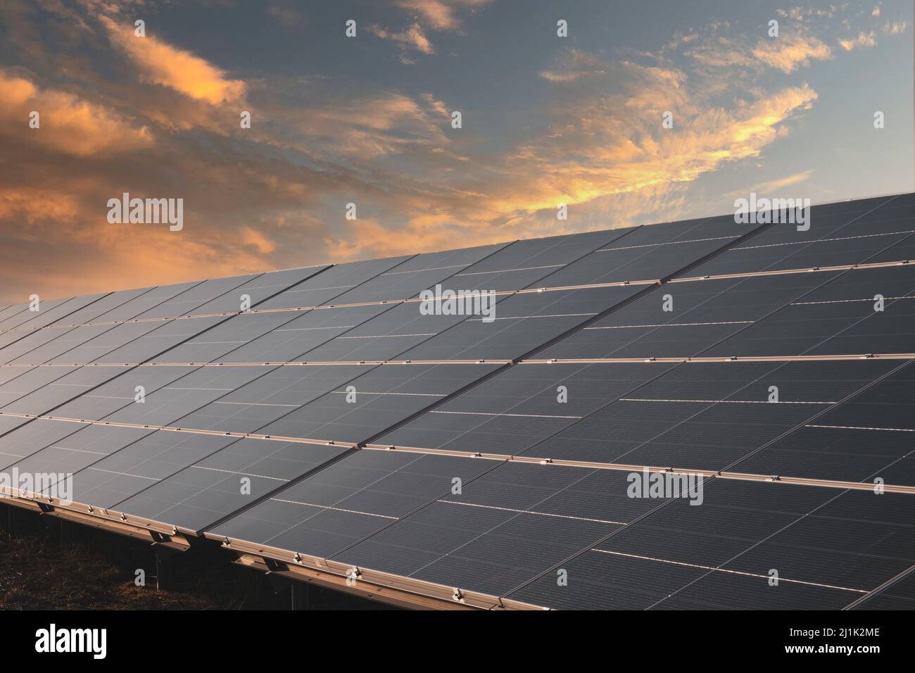 Solar panel on sky sunset background. Beautiful sunset over solar farm ...
