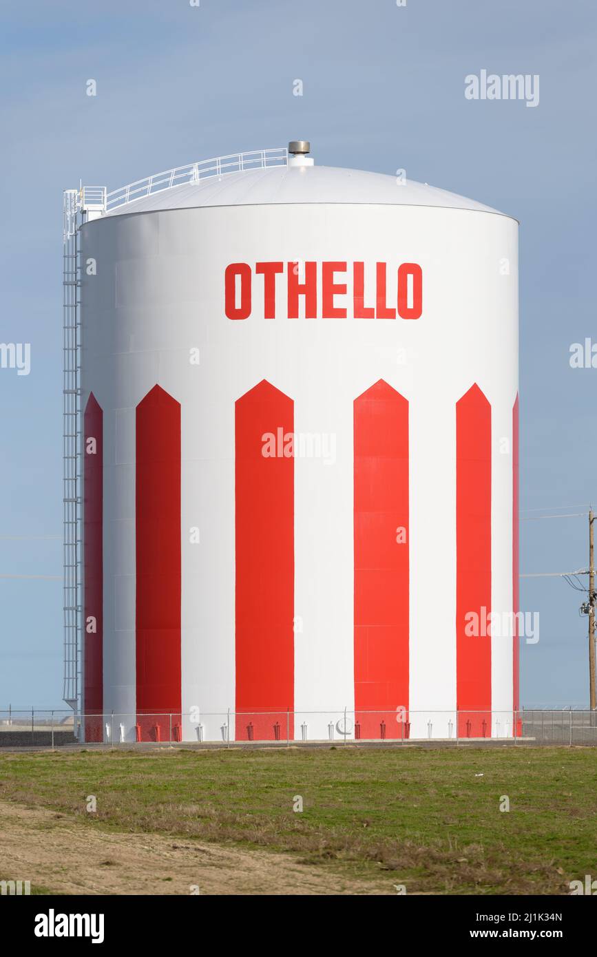 Othello, WA, USA - March 24, 2022; Water tower painted red and white ...
