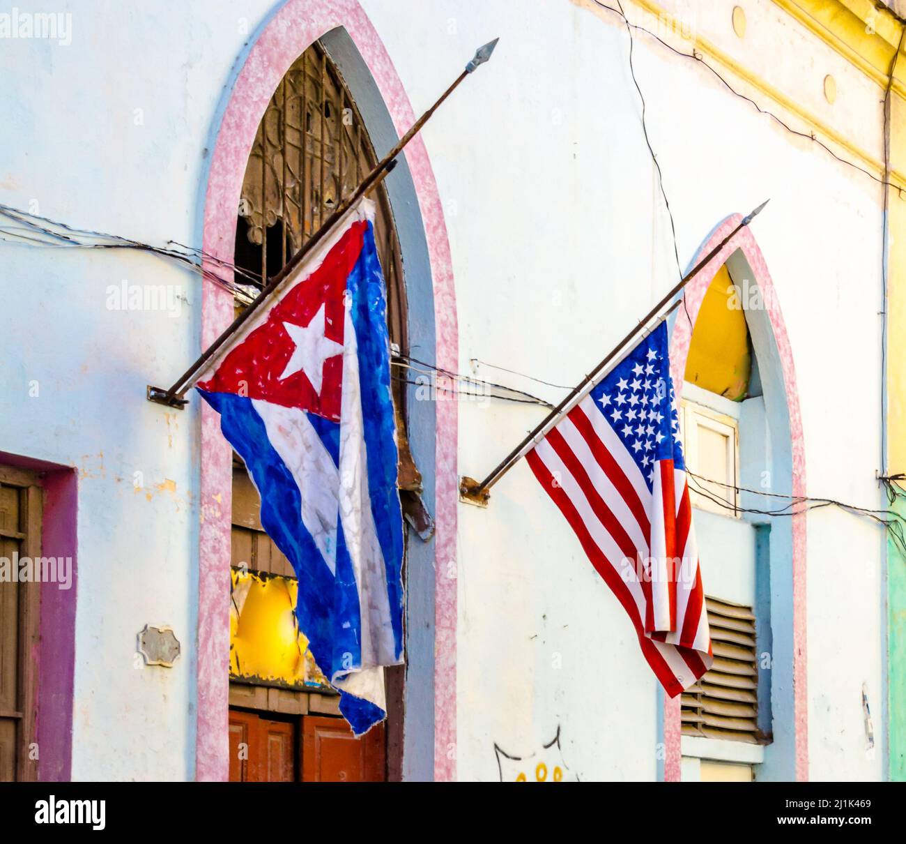 Cuban and American flags in Old Havana, Cuba Stock Photo - Alamy