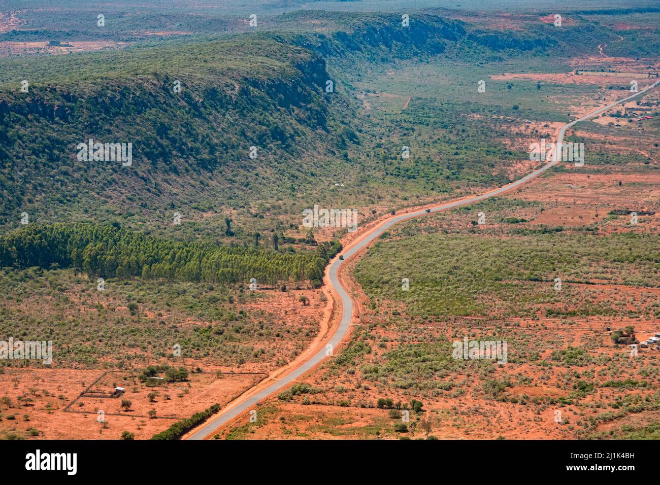 Aerial view of a shrub-covered ridge of the Great Rift Valley ...